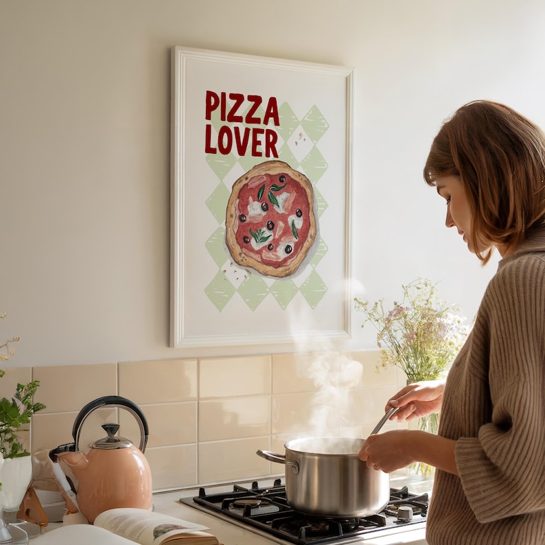 Retro Food Art 'pizza Lover' Print, Hand-painted Red Green Pizza Wall ...