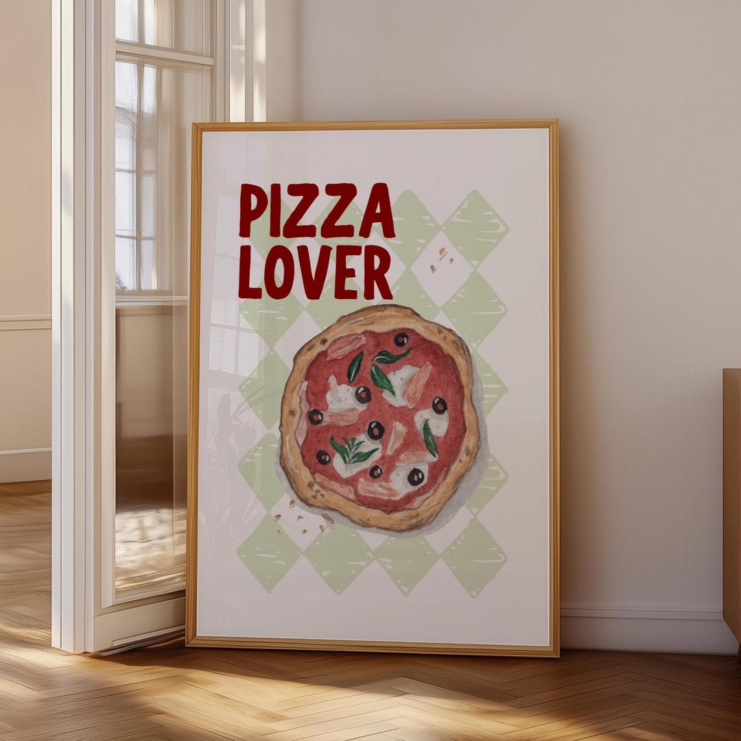 Retro Food Art 'pizza Lover' Print, Hand-painted Red Green Pizza Wall ...