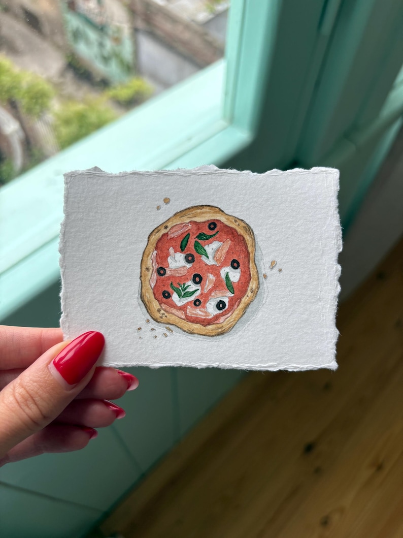 Retro Food Art 'pizza Lover' Print, Hand-painted Red Green Pizza Wall ...