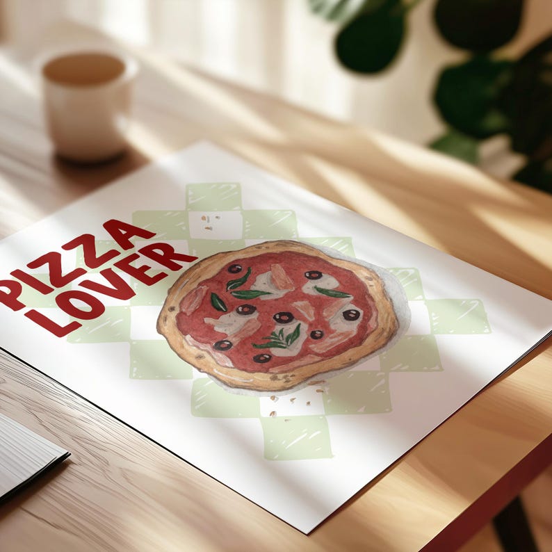 Retro Food Art 'pizza Lover' Print, Hand-painted Red Green Pizza Wall ...