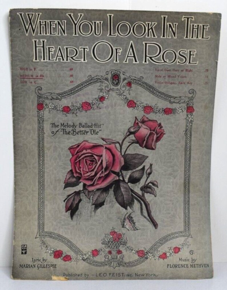 1918 Sheet Music When You Look in the Heart of A Rose Marian Gillespie ...