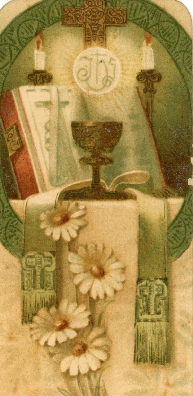 1913 Religious Mass Candles Chalice Bible Pall Victorian Trade Card ...