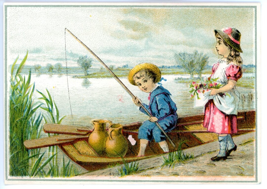 1880 Boy & Girl Fishing Row Boat Lake Flowers Water Jugs Victorian ...