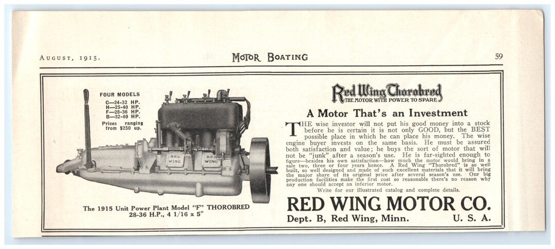 1915 Print Ad Red Wing Thorobred Motor With Power to Spare Model F Boat ...