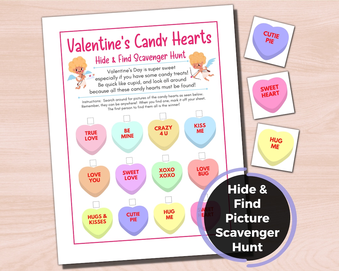 Valentine's Candy Heart Scavenger Hunt Game, Valentine's Day Activity ...