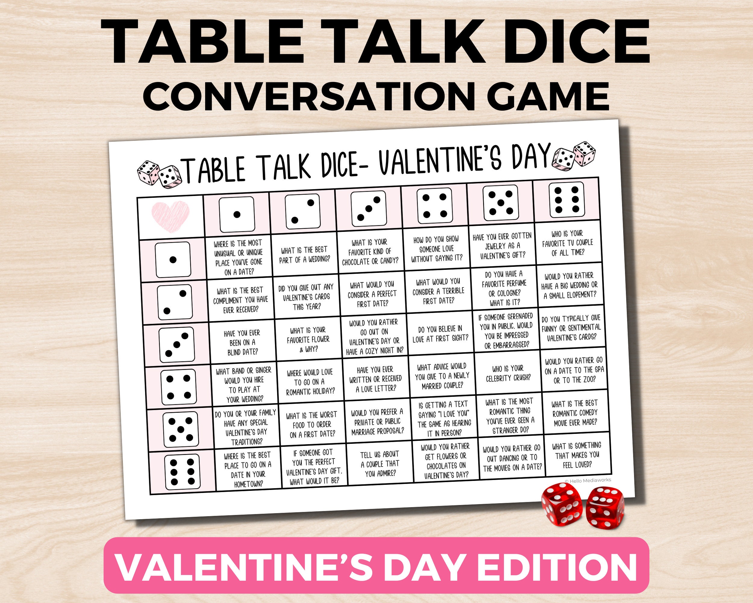 Valentine's Table Talk Dice Game, Conversation Starter Game, Galentine ...