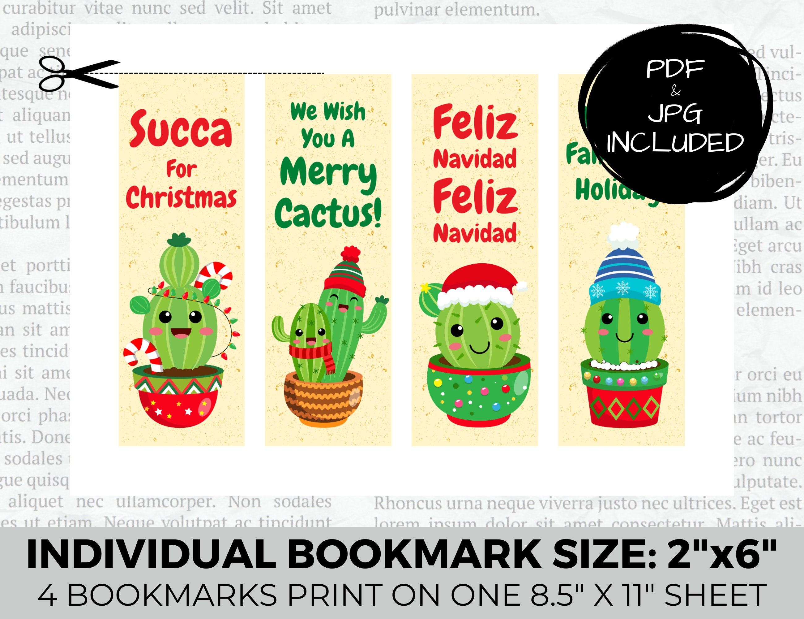 Christmas Cactus Bookmarks, Printable Christmas Bookmarks, Feliz ...