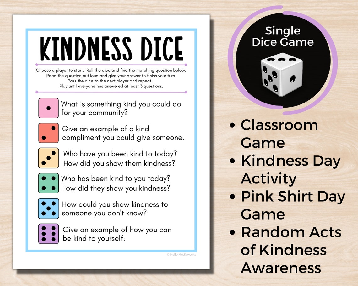 Kindness Dice Game, World Kindness Day, Pink Shirt Day Game, Random ...