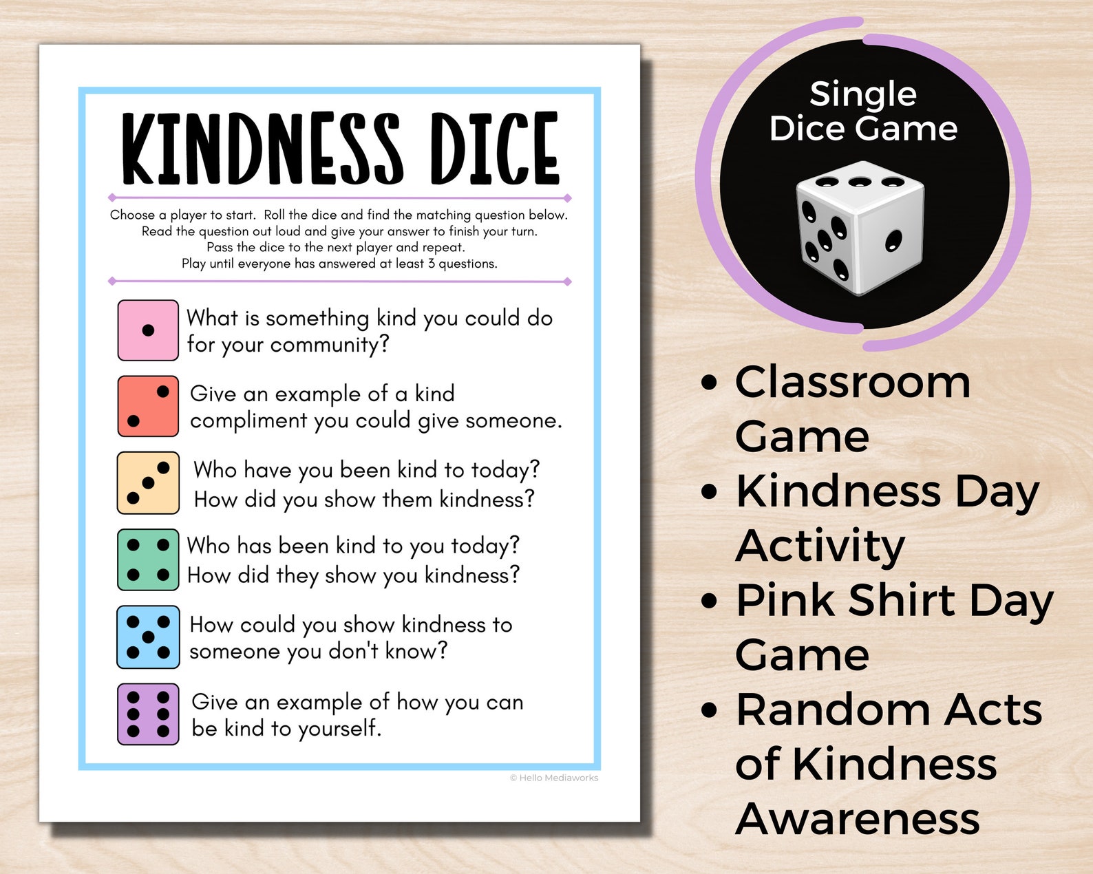 Kindness Dice Game, World Kindness Day, Pink Shirt Day Game, Random ...