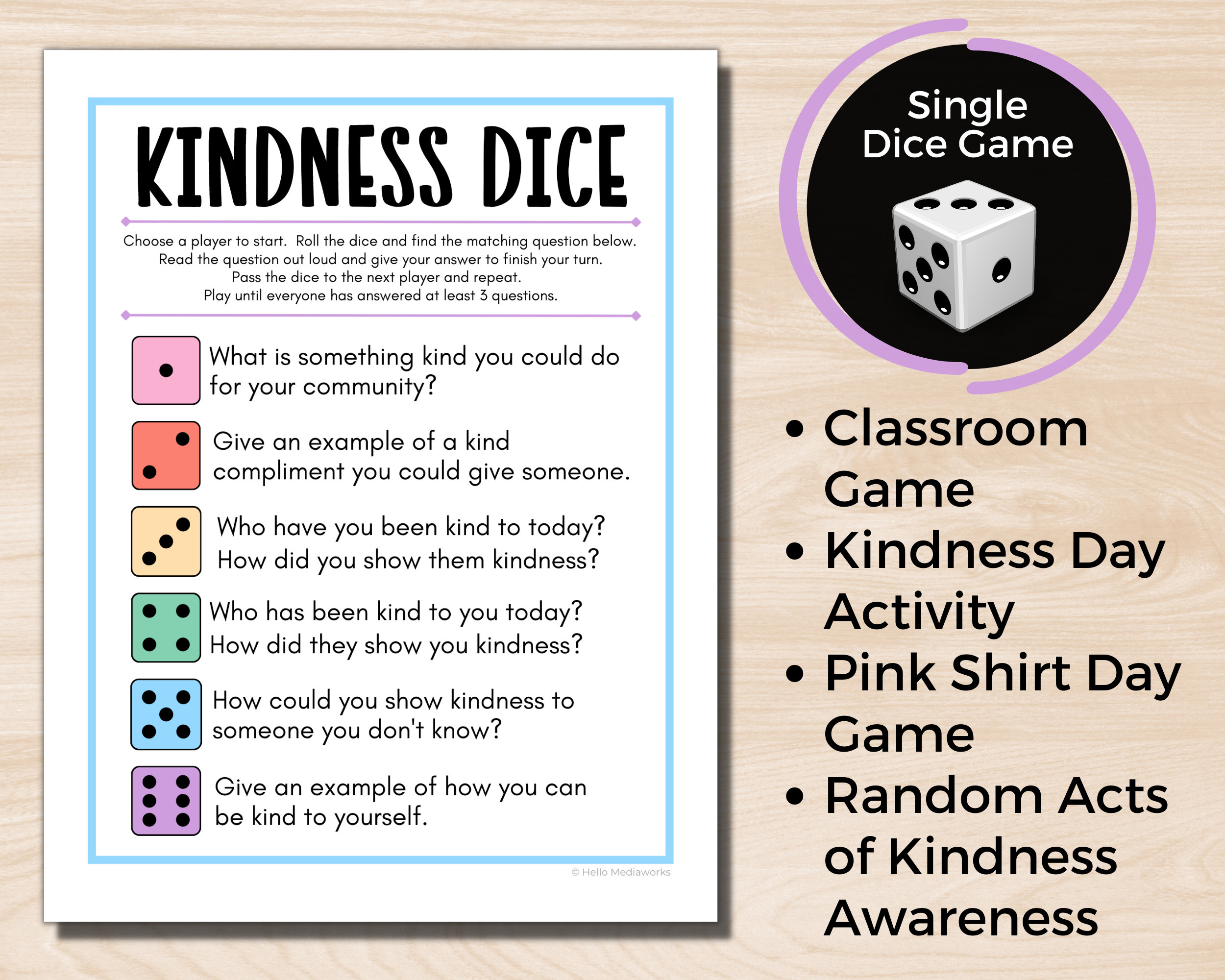 Kindness Dice Game, World Kindness Day, Pink Shirt Day Game, Random ...