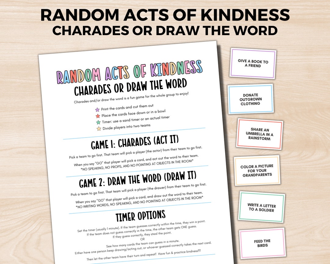 Random Acts of Kindness Charades or Draw It Game, Random Acts of ...