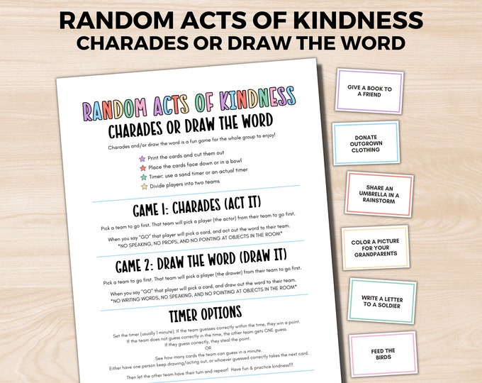Random Acts of Kindness Charades or Draw It Game, Random Acts of ...