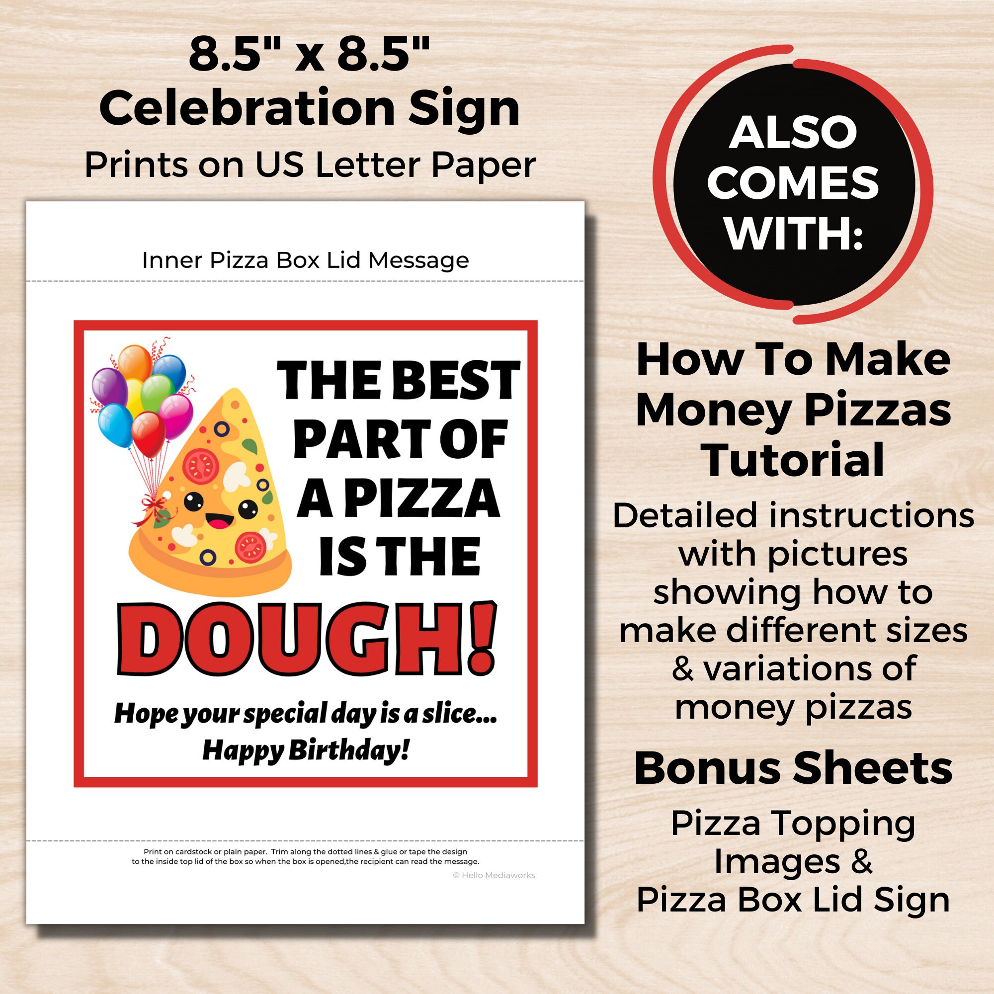 Birthday Money Gift, Printable Money Pizza Sign, Birthday Dough Sign ...