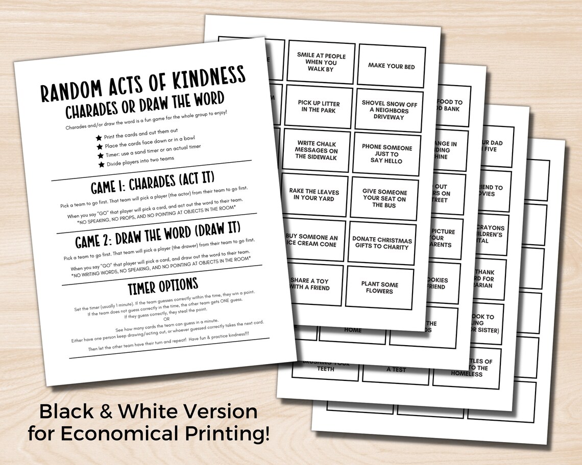 Random Acts of Kindness Charades or Draw It Game, Random Acts of ...