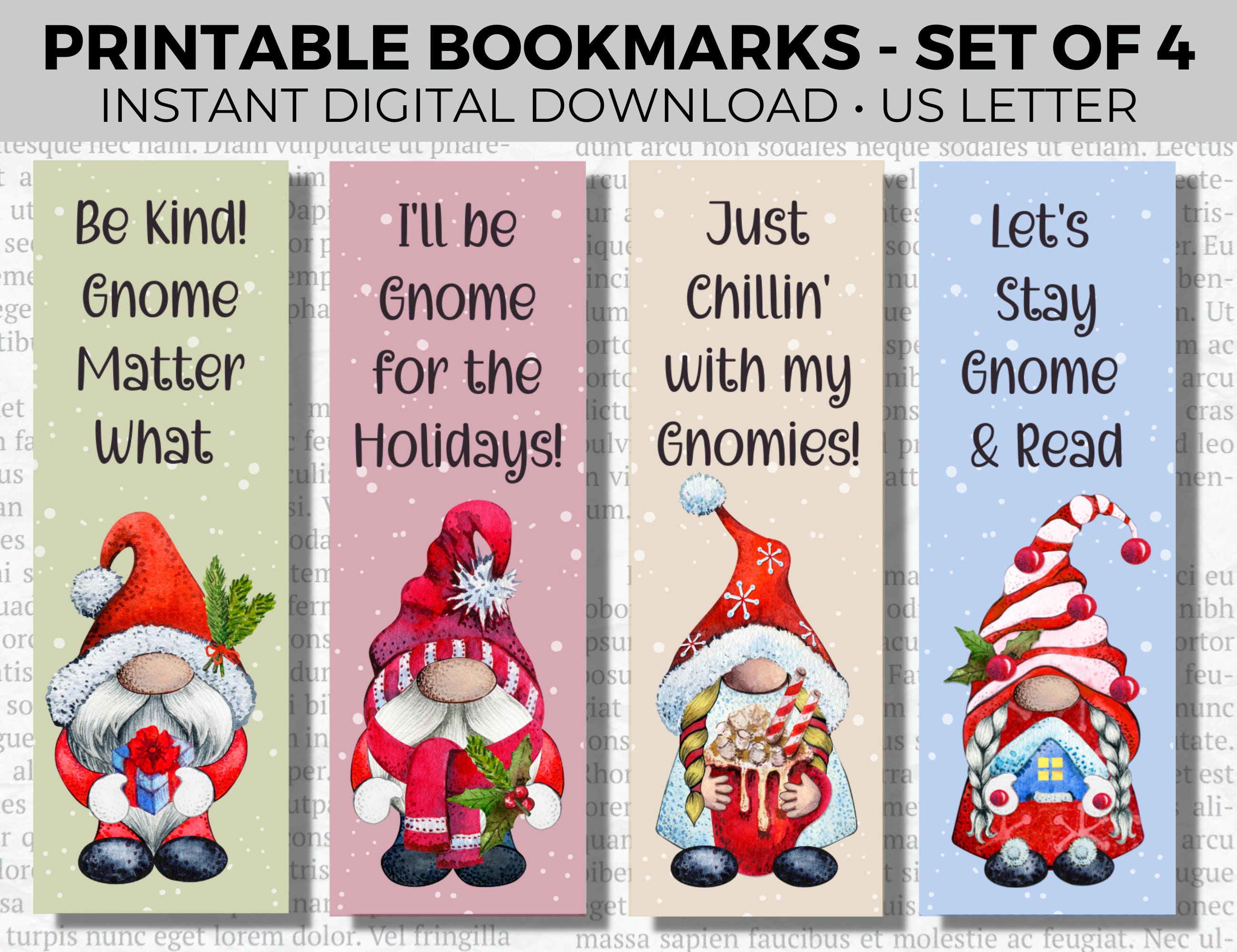 Winter Gnome Bookmarks, Printable Holiday Gnome Bookmarks, Book Lover ...