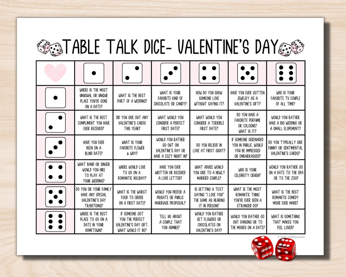 Valentine's Table Talk Dice Game, Conversation Starter Game, Galentine ...