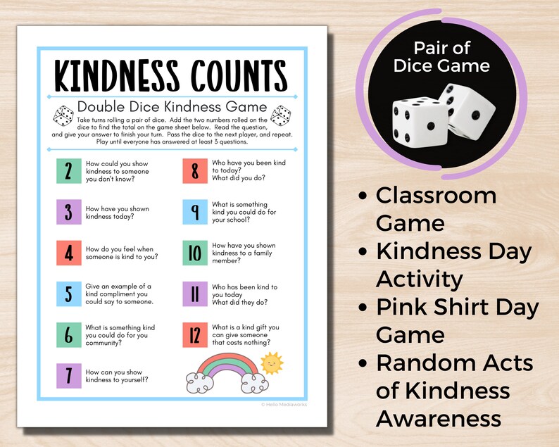 Kindness Counts Double Dice Kindness Game, World Kindness Day, Pink ...