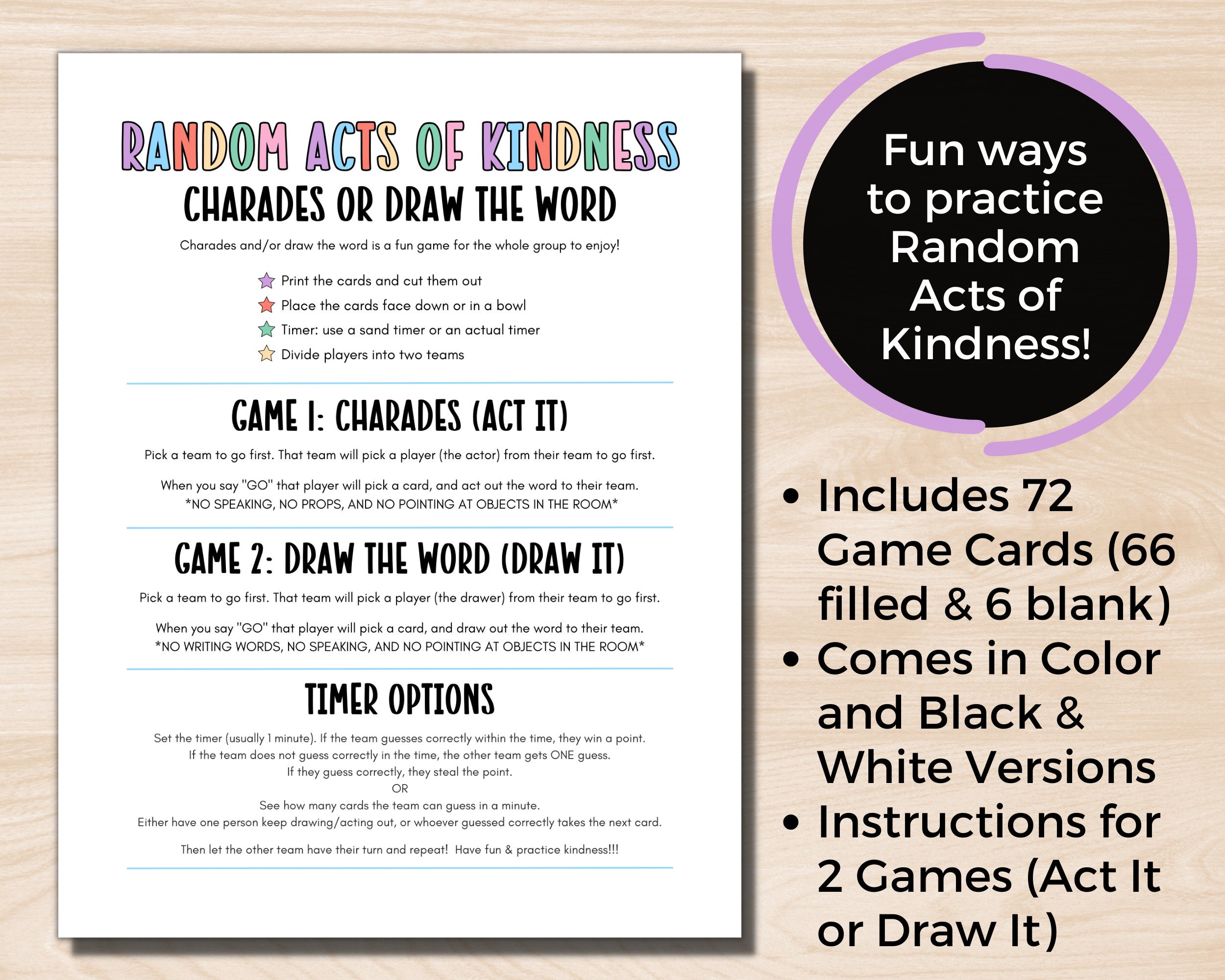 Random Acts of Kindness Charades or Draw It Game, Random Acts of ...