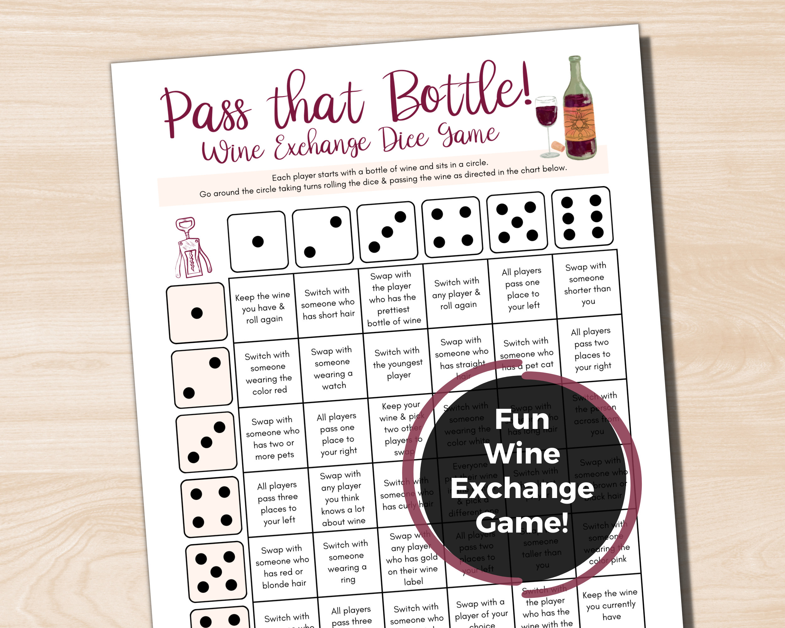 Wine Exchange Dice Game, Wine Exchange Game, Valentine's Party Game ...