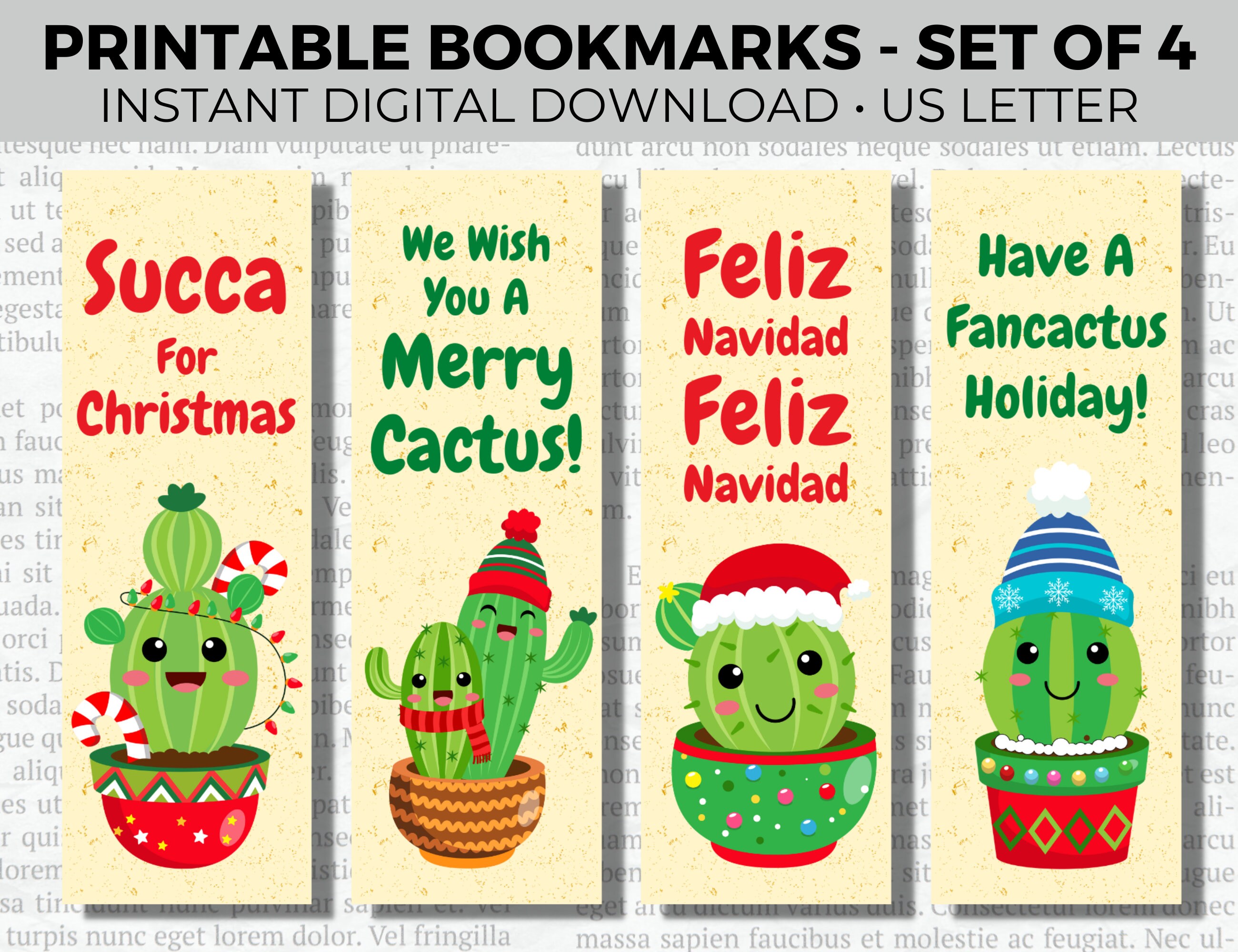 Christmas Cactus Bookmarks, Printable Christmas Bookmarks, Feliz ...