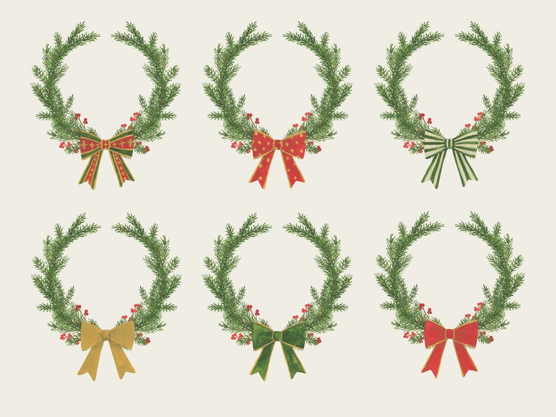 Christmas Wreath Clipart, Watercolor Festive Wreaths, PNG Digital ...