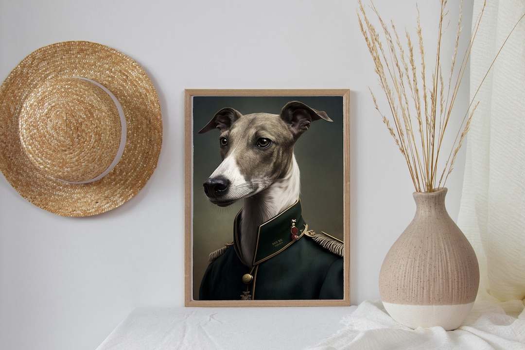 Greyhound Vintage Portrait Print, Greyhound in Military Uniform, Animal ...