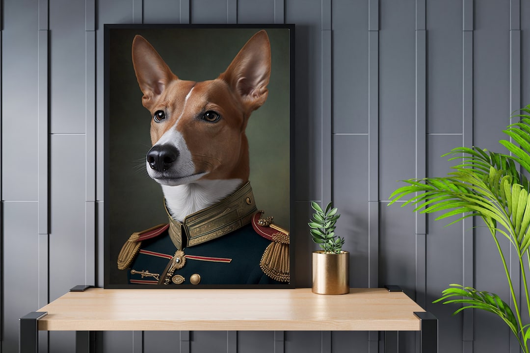 Basenji Vintage Portrait Print, Basenji in Military Uniform, Animal Lover Home Decor Gift ...