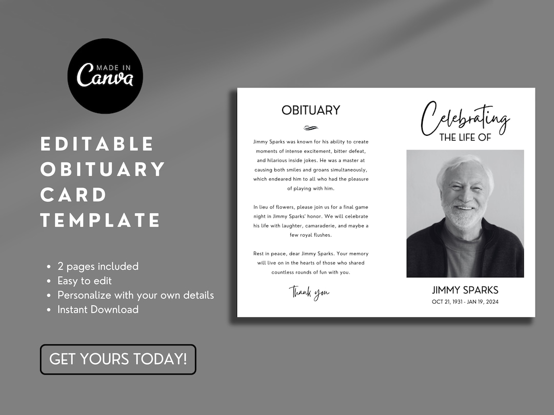 Obituary Card Modern Funeral Foldable Card Template, Celebration of ...