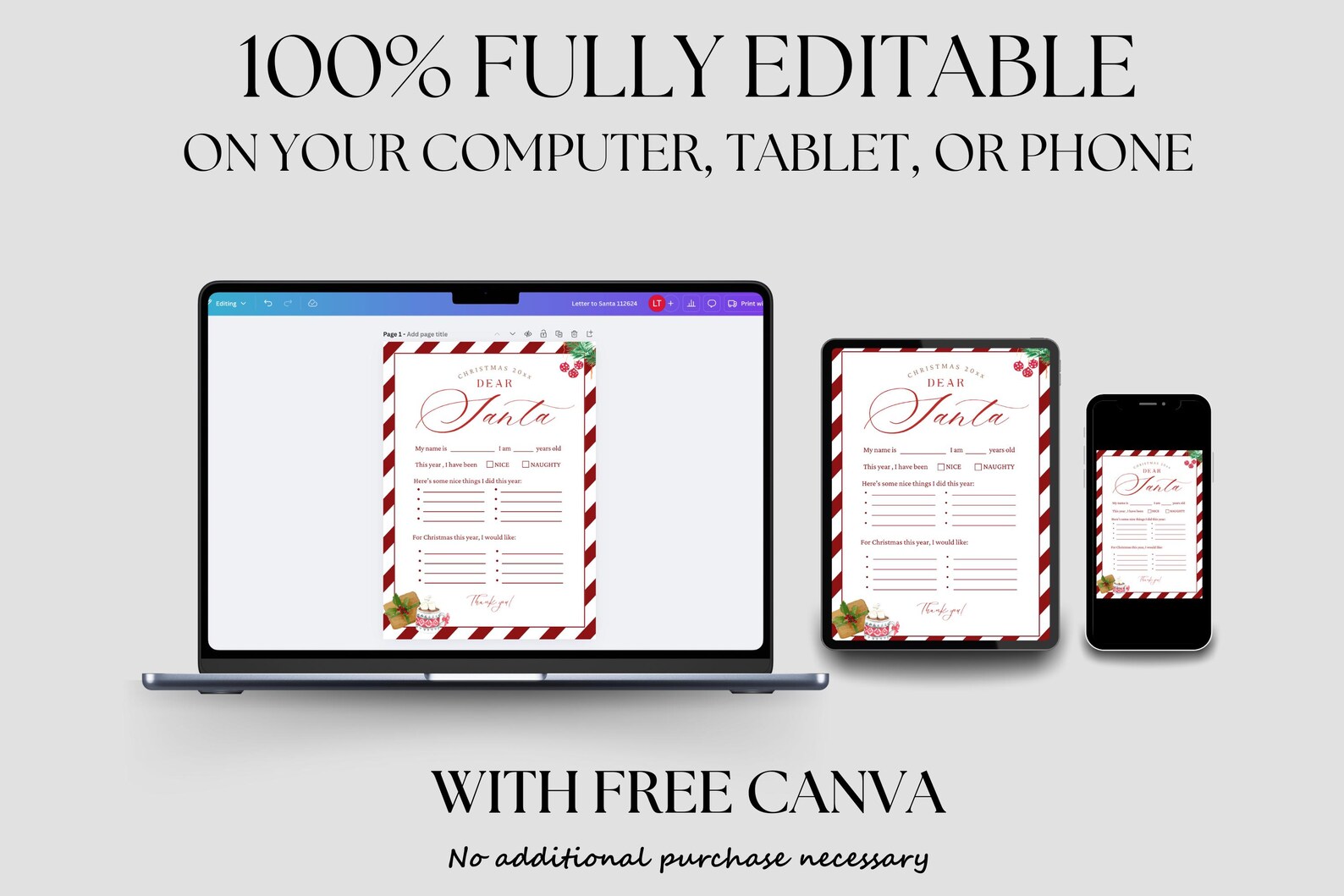 Editable Letter to Santa Template, Christmas Wish List (digital ...