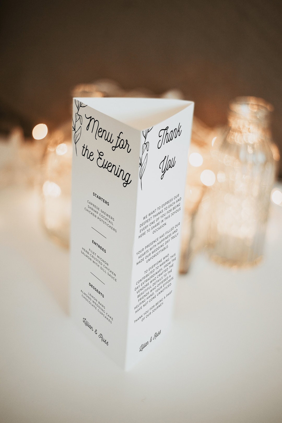 Wedding Menu Cards, Thank You Message Wedding Table, Minimalist Wedding ...