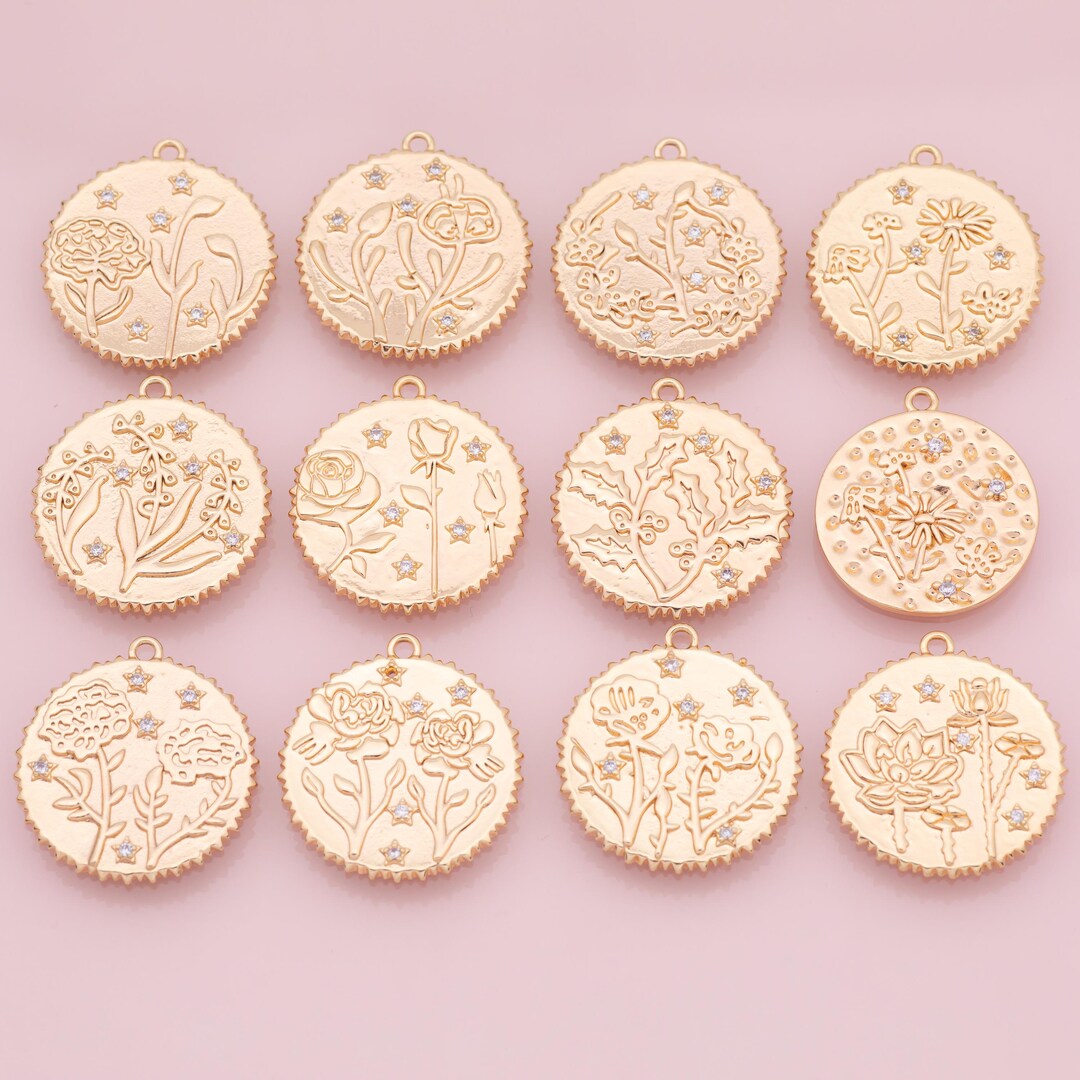 Birth Month Flower Round 22k Gold Filled Silver Charm Bar Bracelets and ...