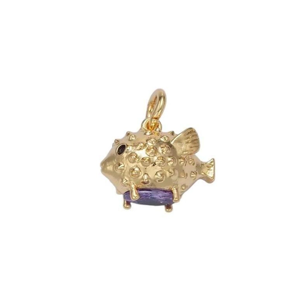 18K Gold Filled 10mm Puffer Gold Fish Charm With Amethyst Purple Cz ...