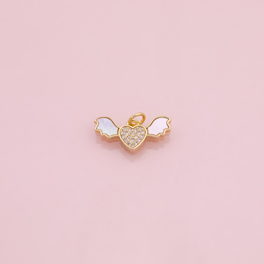 Flying Heart With Wings Mother of Pearl Shell Charm 18K Gold Filled ...