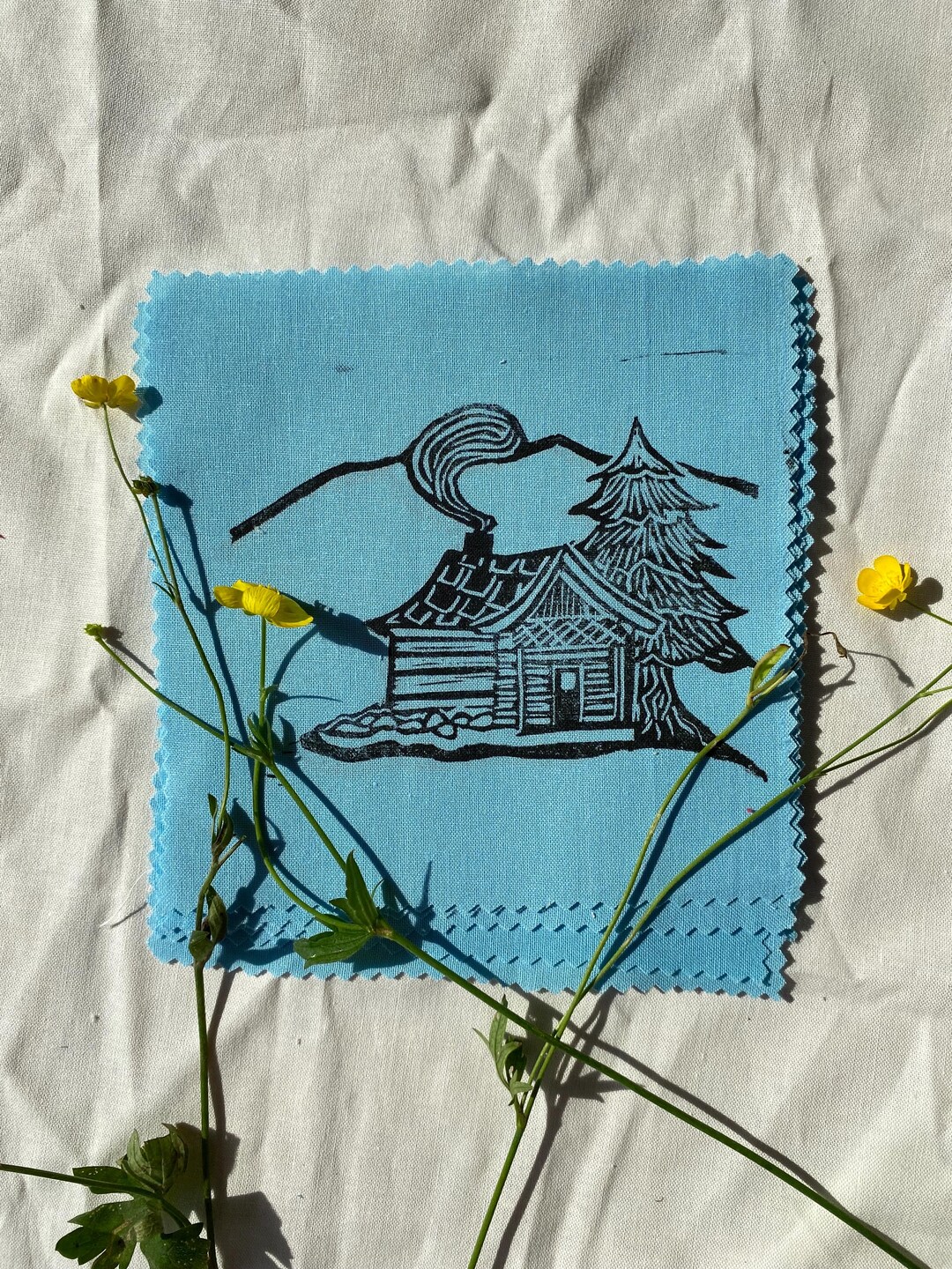 Blue Mountain Cabin Linocut Block Print Fabric Patch - Etsy