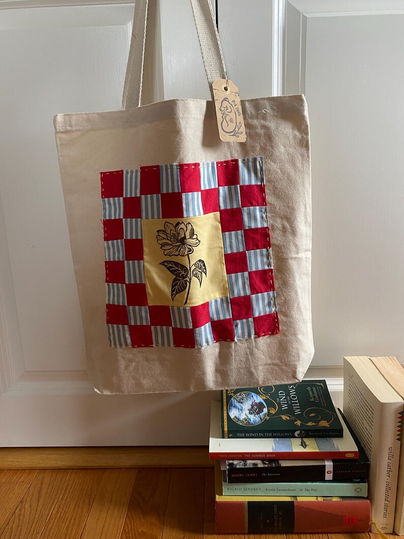 Magnolia Checkerboard Quilt Block Canvas Tote Linocut Print Patch - Etsy