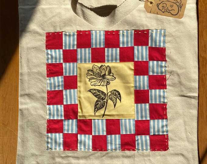 Magnolia Checkerboard Quilt Block Canvas Tote Bag | Block Print Patch - Etsy