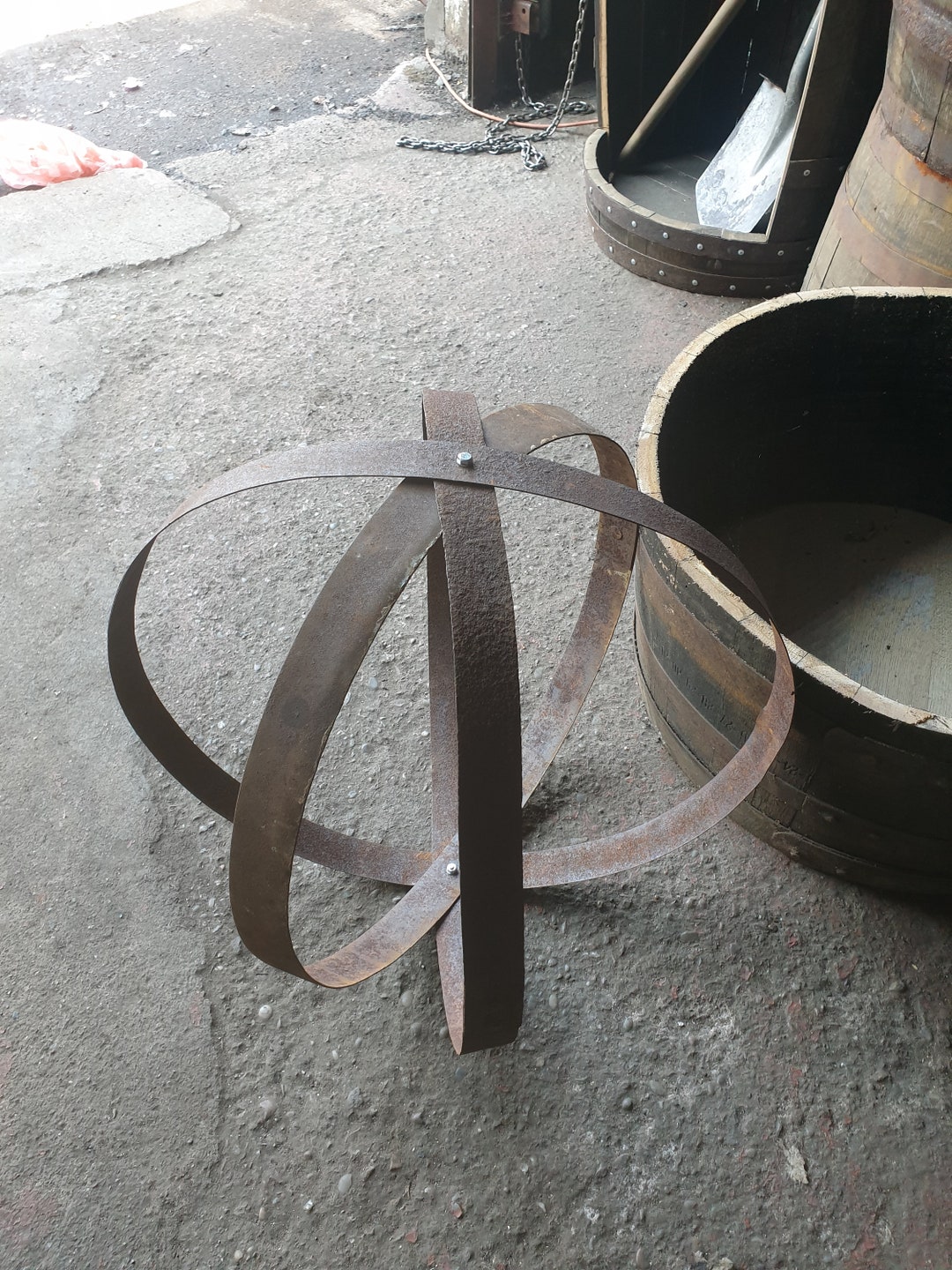 Garden Metal Sphere Sculpture Reclaimed Rusty Whisky Barrel Hoop Ring ...