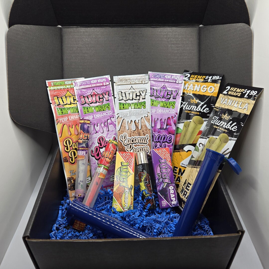 Gift Box Organic JUICY Sampler Box 8 Packs 16 Wraps, Lighter, 2 Rolling ...