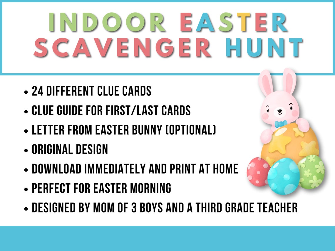 Printable Indoor Easter Scavenger Hunt and Treasure Hunt for Kids - Cute Bunny and Easter Egg ...