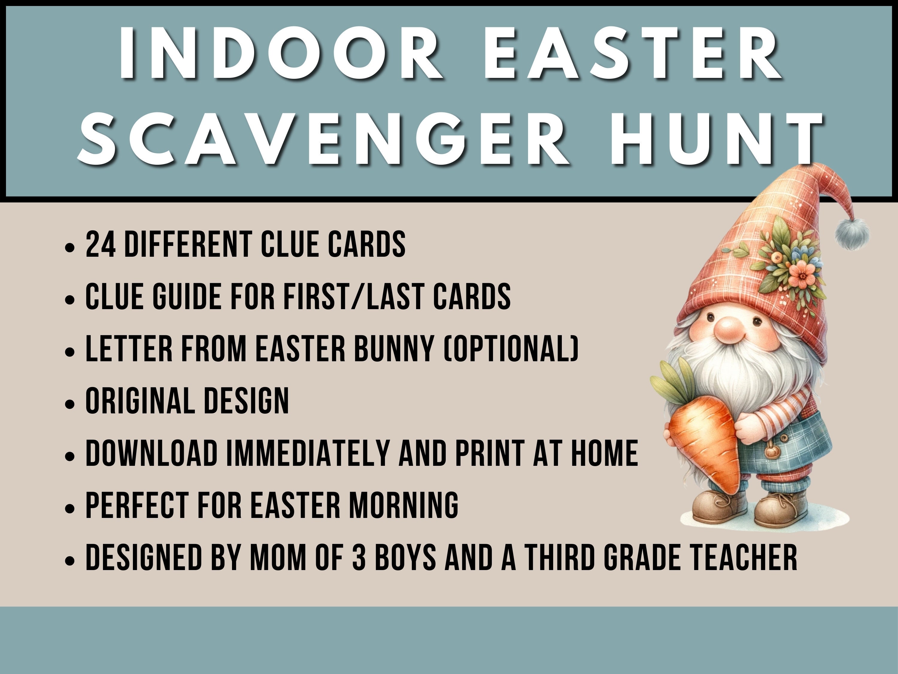 Indoor Easter Scavenger Hunt for Kids, Gnome Clue Cards, Fun Morning ...