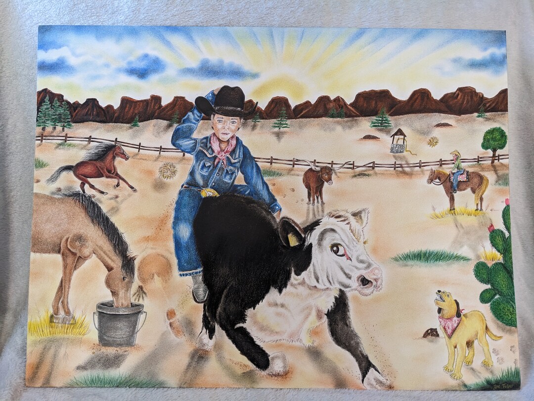 Prison Art - Daddy's Little Cowboy - Bull Riding - Texas Sunset ...