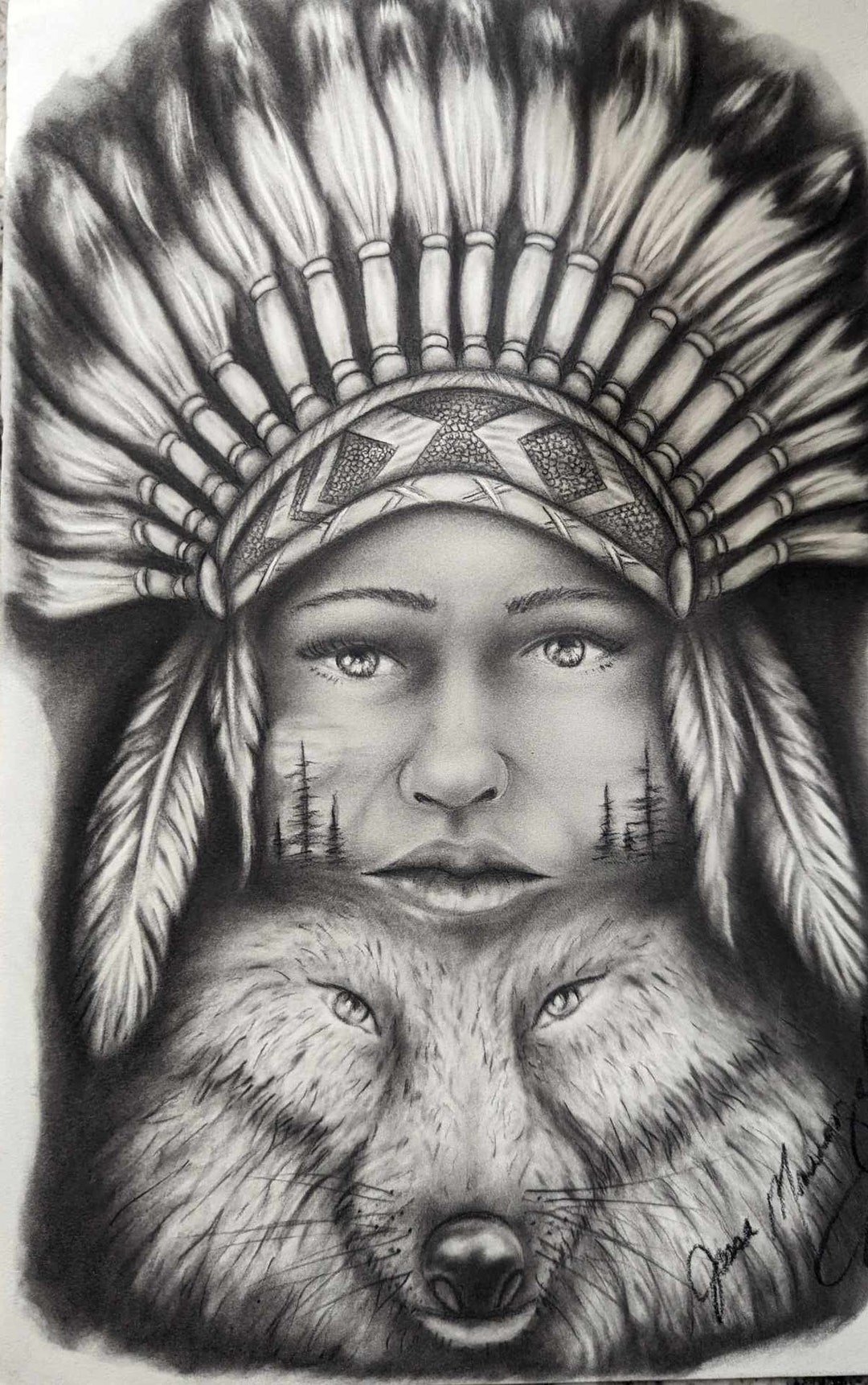 Prison Art - Native American Woman - Chief - Wolf - Forest - Pencil ...
