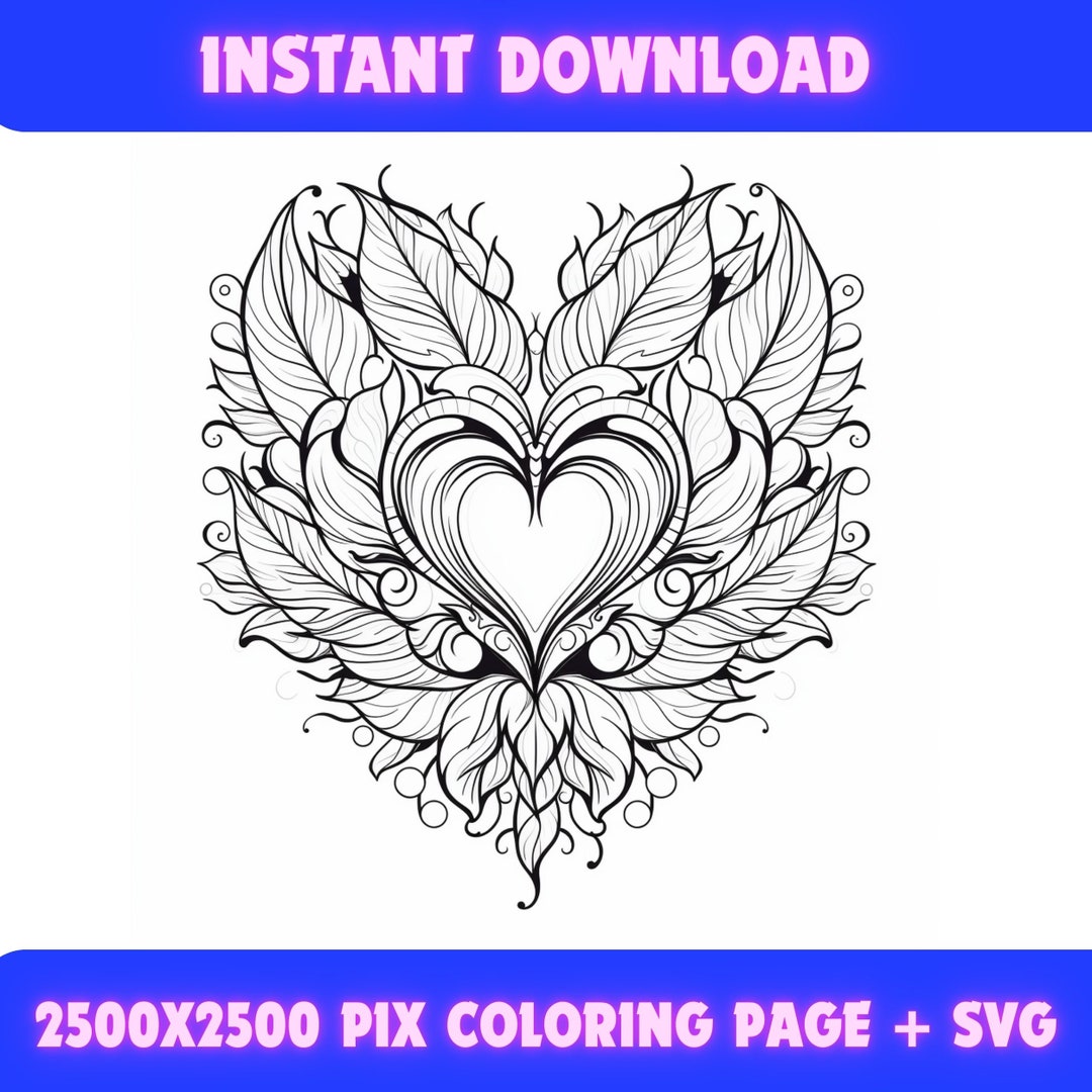 Valentine's Day Heart With Feathers Coloring Page, Valentine Doodle ...