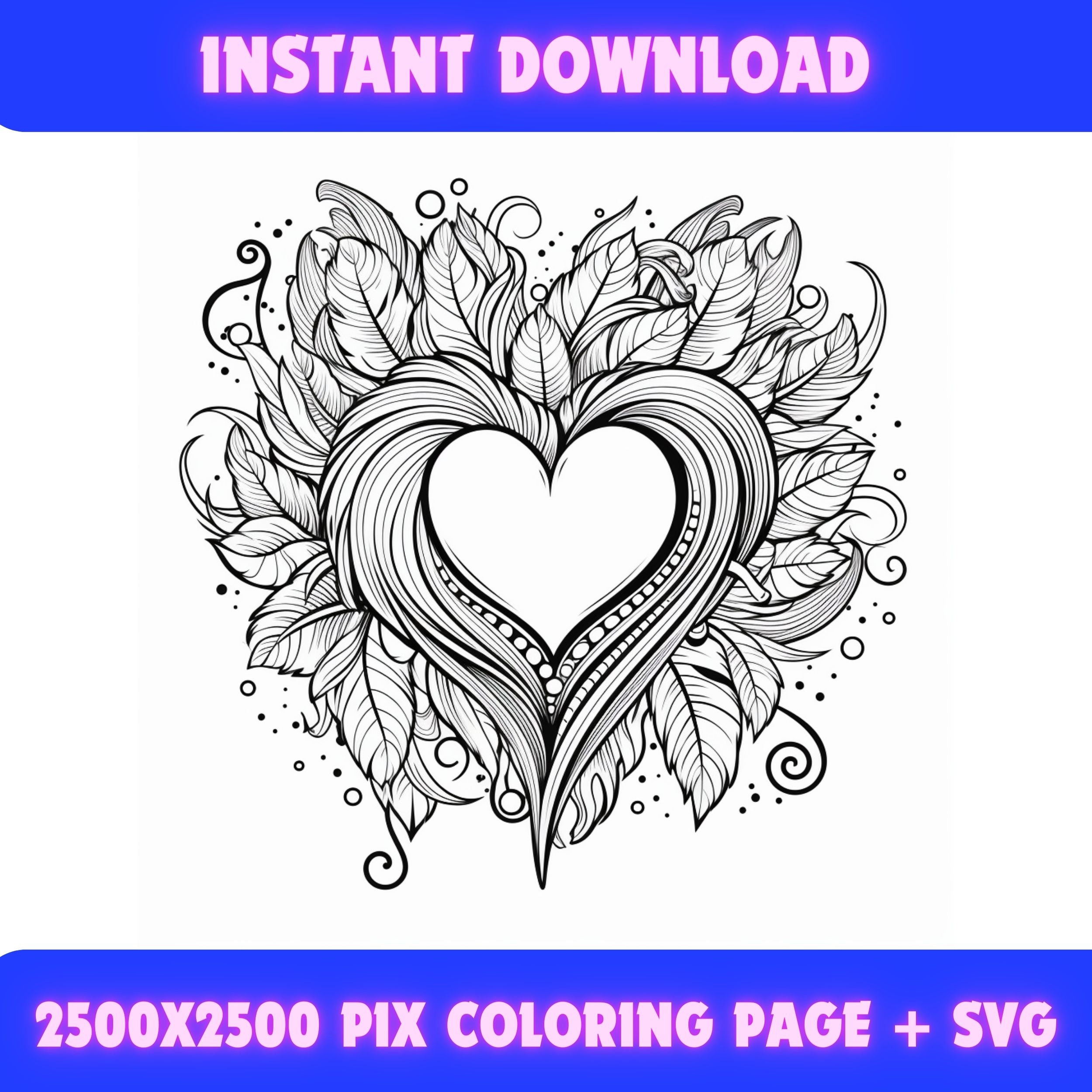 Valentine's Day Heart With Feathers Coloring Page, Valentine Doodle ...