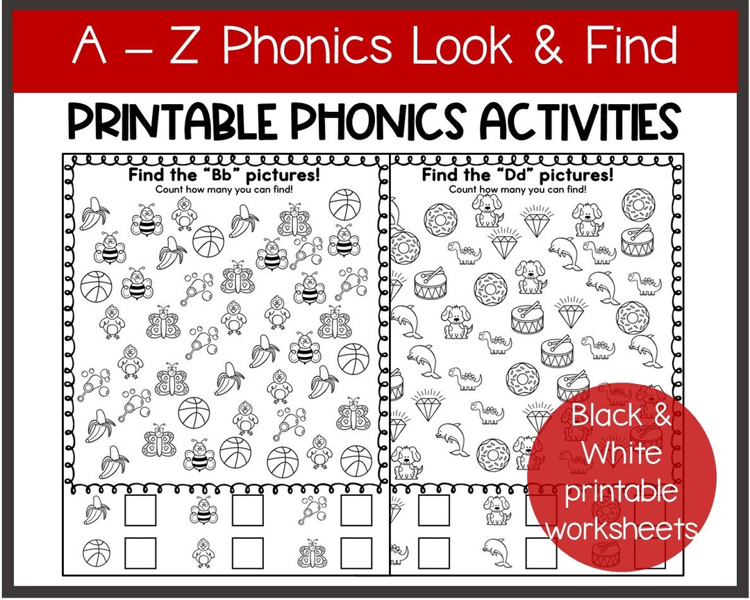 Phonics Look and Find Alphabet Printables Worksheets black - Etsy