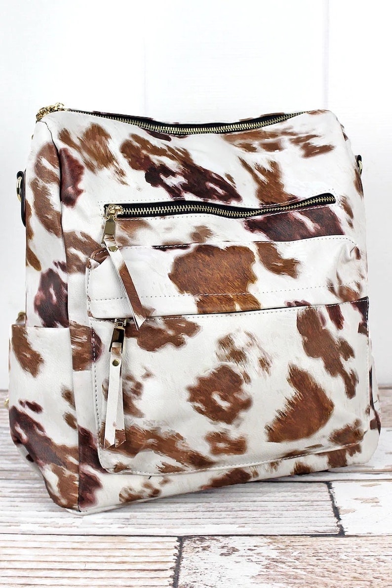 Cow Print Backpack Leather Backpackcow Diaper Bag Cowhide - Etsy