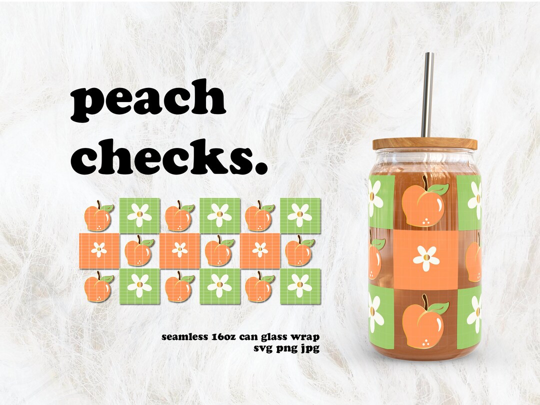 Peach Checks Retro Checkered Peach SVG for UV DTF 16oz Can Glass Wrap ...
