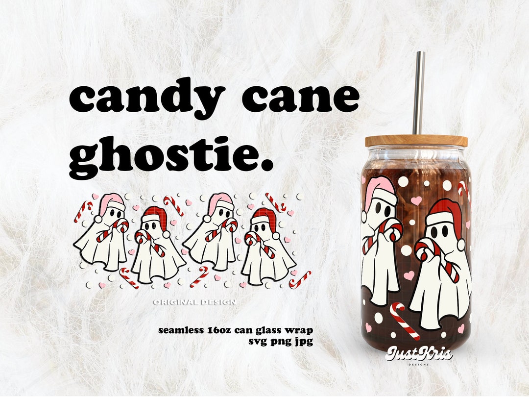 Candy Cane Ghostie Christmas SVG for UV DTF 16oz Can Glass Wrap ...