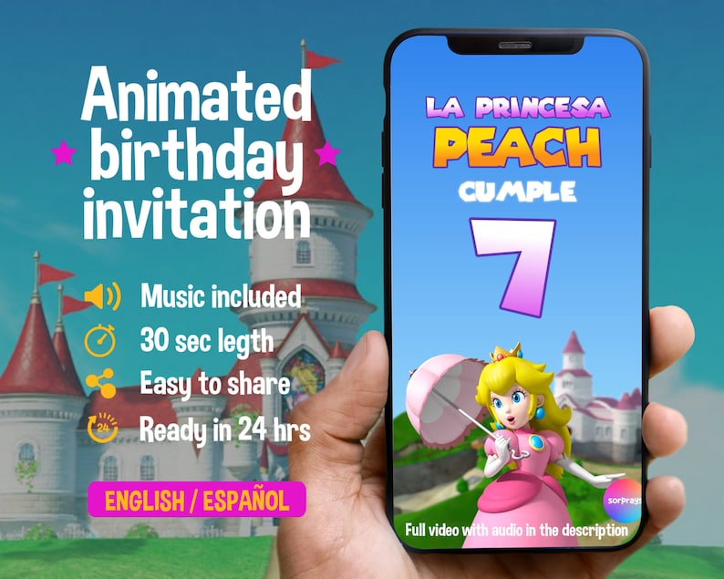 Invitación de cumpleaños Animada Princesa Peach, invitacion digital ...