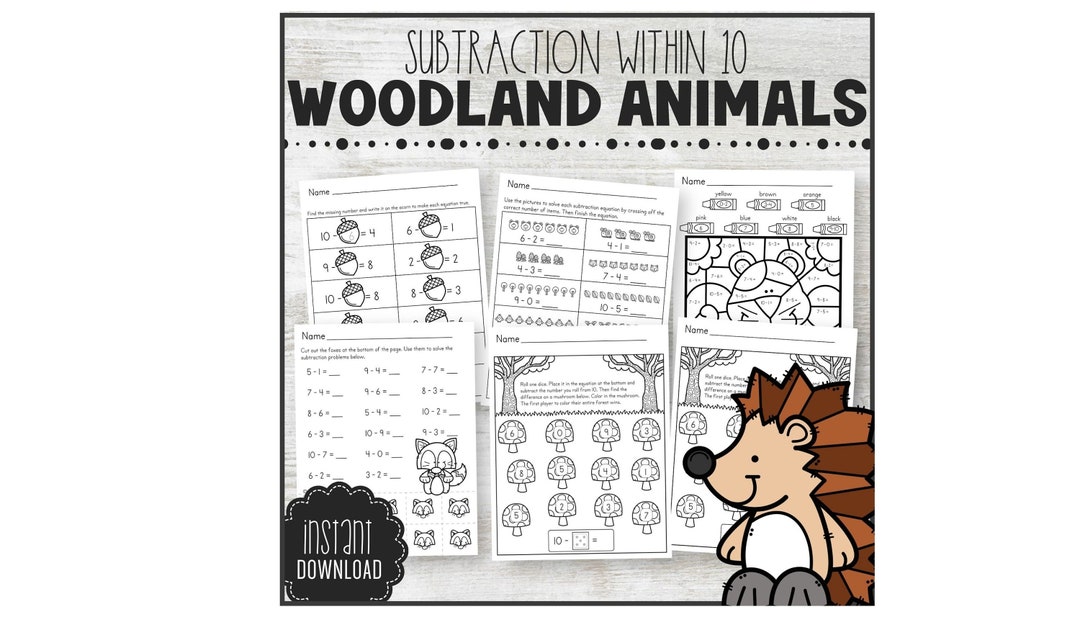 Printable Subtraction Worksheets Woodland Animal Theme Kindergarten ...